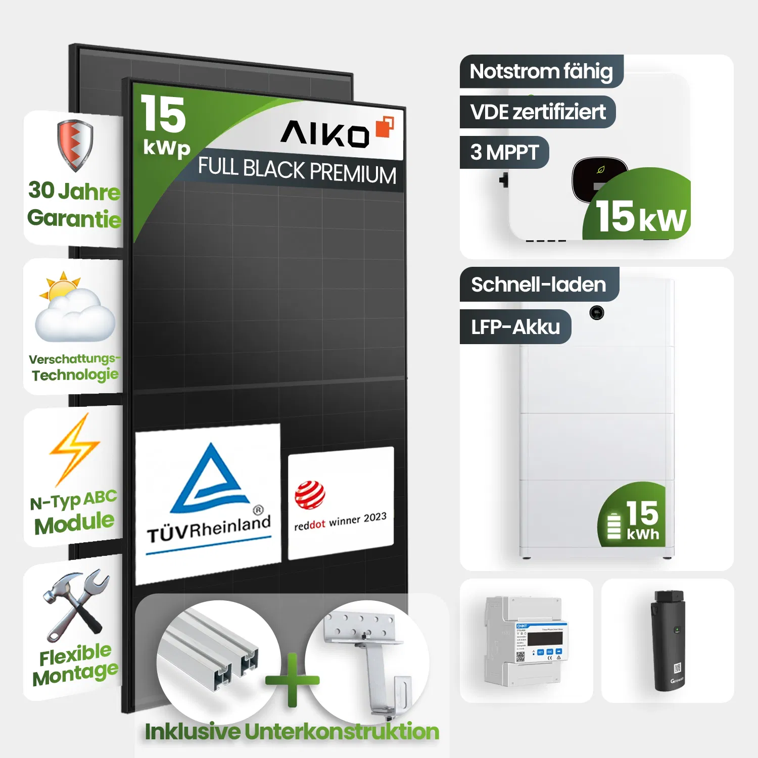 15 kWp Growatt PV-Anlage 33x Aiko 460Wp Glas-Glas Fulblack mit 15kWh ...