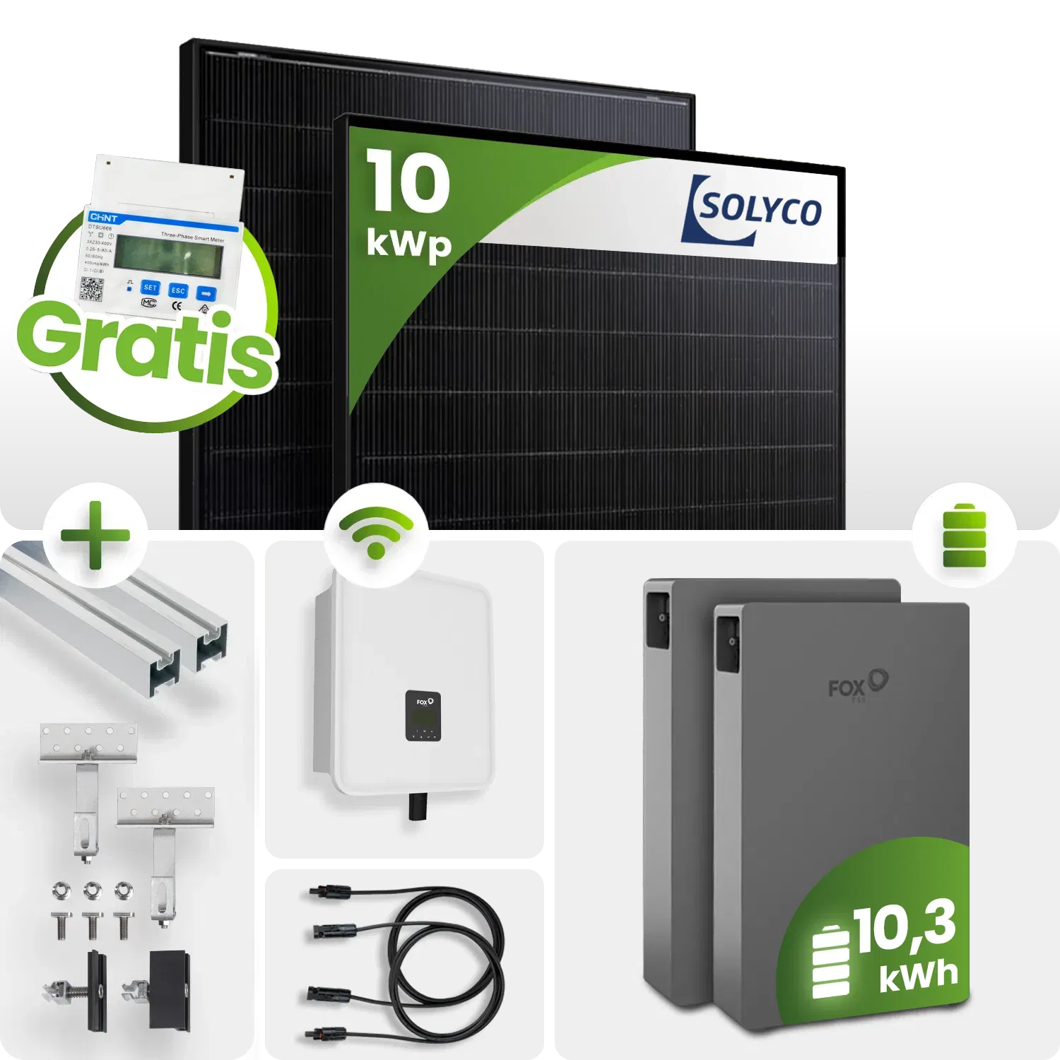 10 kWp FoxEss PV-Anlage 22x Solyco 445Wp HJT Bifazial Fullblack 10kWh ...